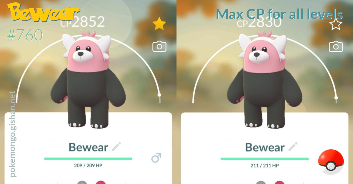 Bewear max CP for all levels - Pokemon Go