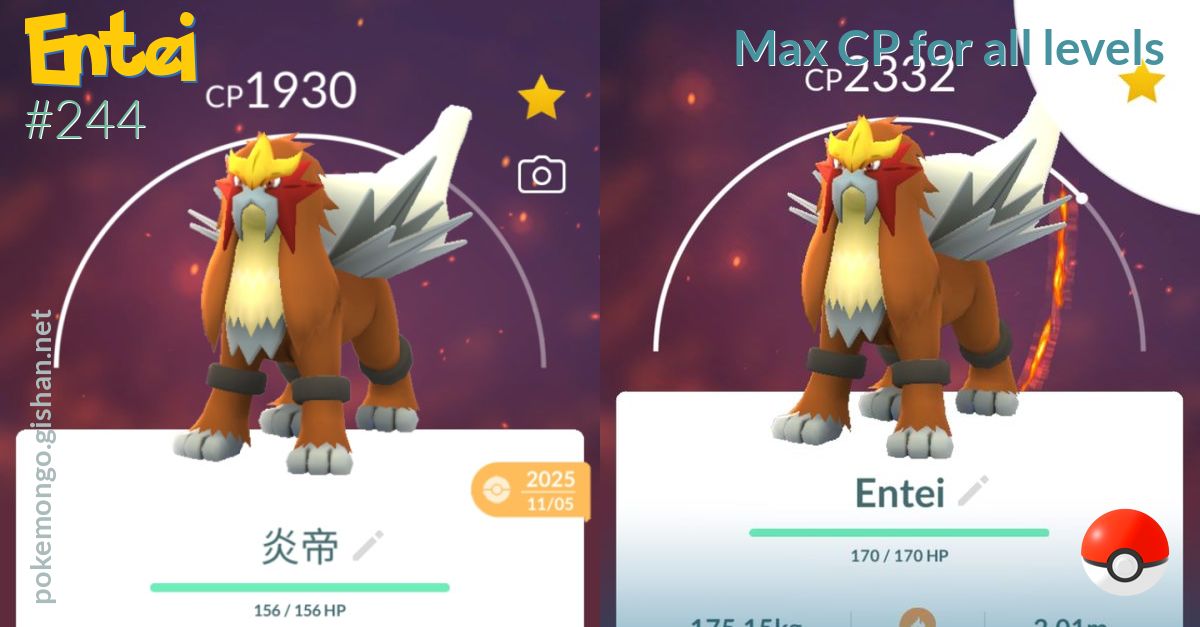 Entei max CP for all levels - Pokemon Go